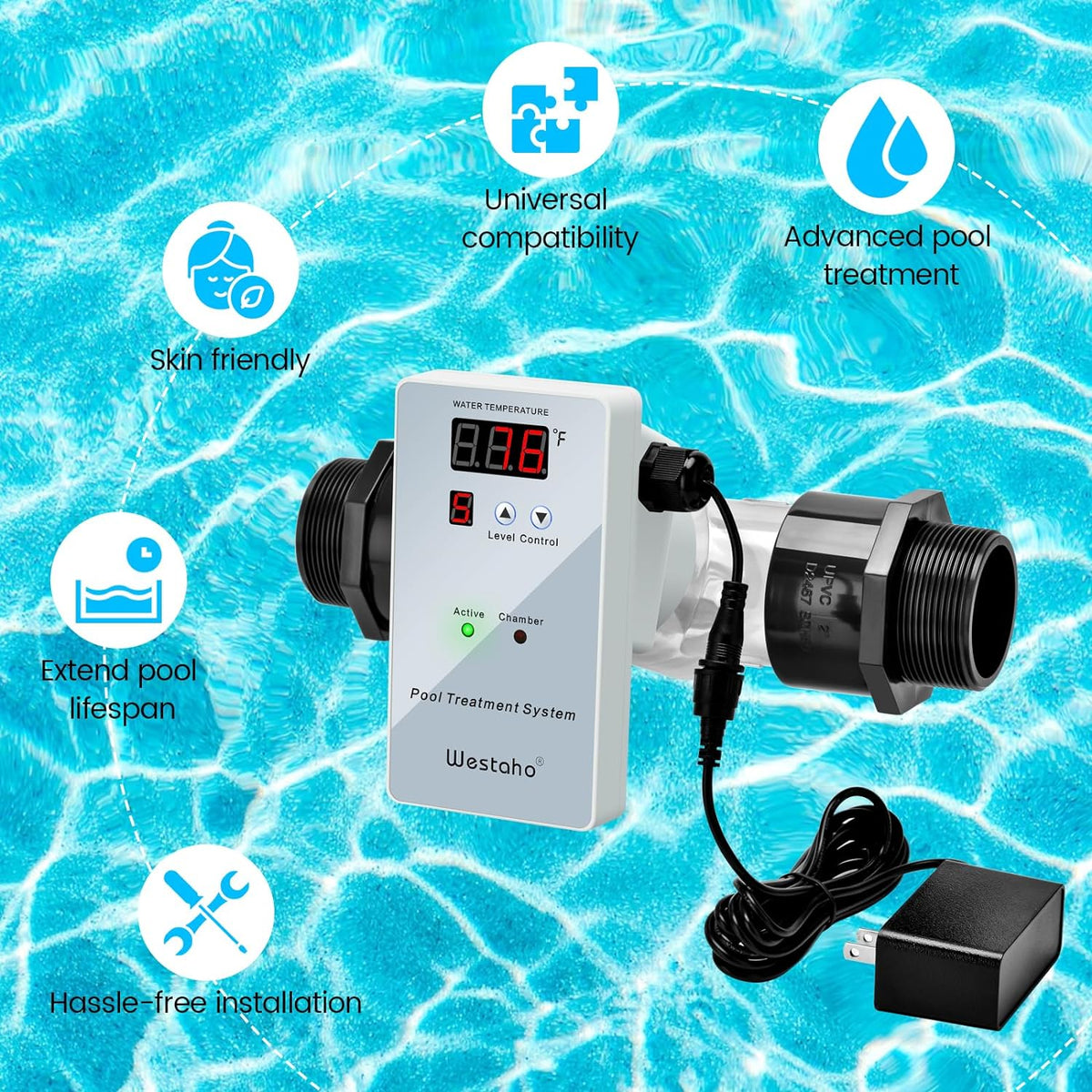 Pool Ionizer System, Westaho Pool Treatment System,Release Cu Ag, 2 Ye